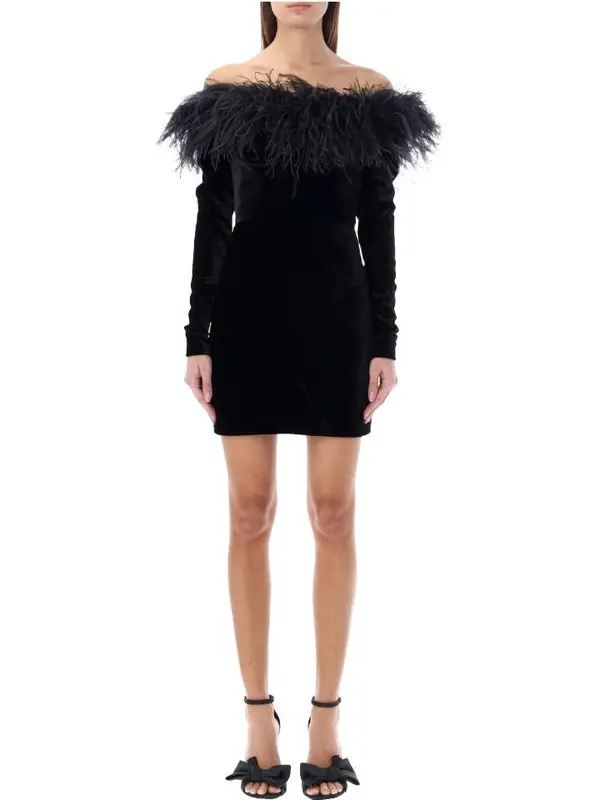 Alessandra Rich Velvet Mini Dress With Feather Trim - Black