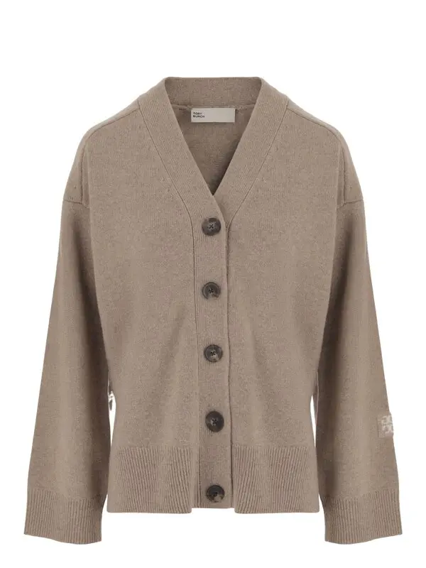 Tory Burch V-neck Cardigan With Ribbed Cuffs And Hem - Nude
