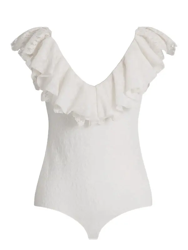 Alberta Ferretti Wool Lace Bodysuit With Frilled Sleeves - White