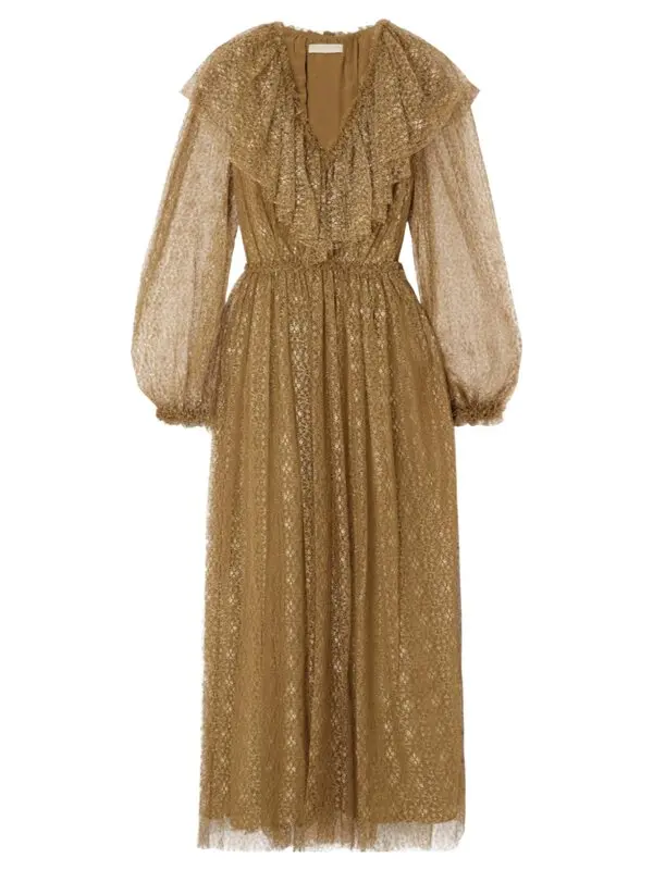 Ulla Johnson Helena Metallic Lace Ruffled V-neck Midi Dress - Golden