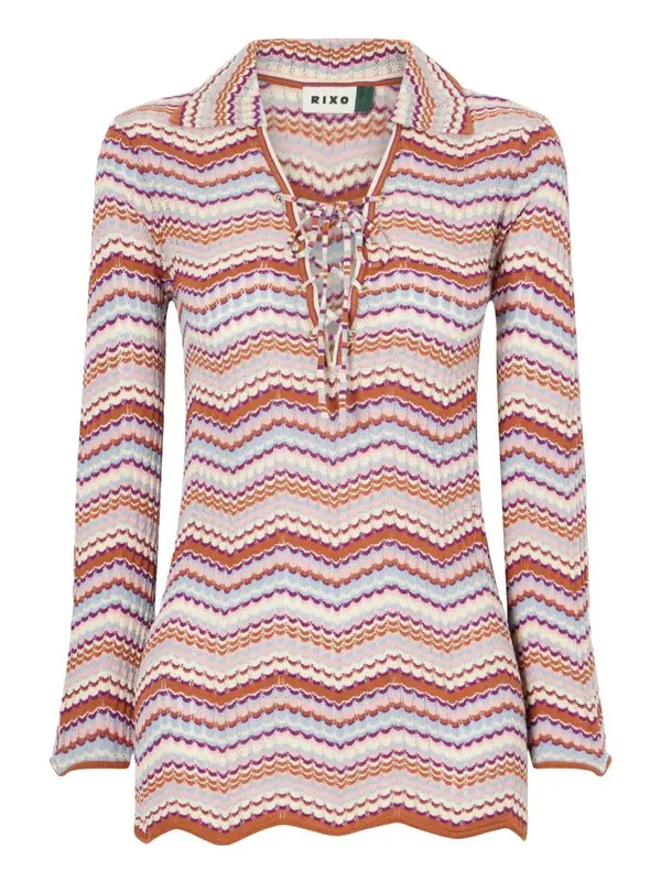 Rixo Multicolor Zigzag Striped Crochet Long-sleeved Top - Pink