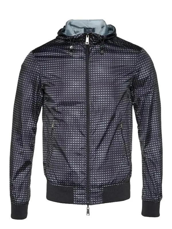 Emporio Armani Zip-up Hooded Jacket With All-over Pattern - Black