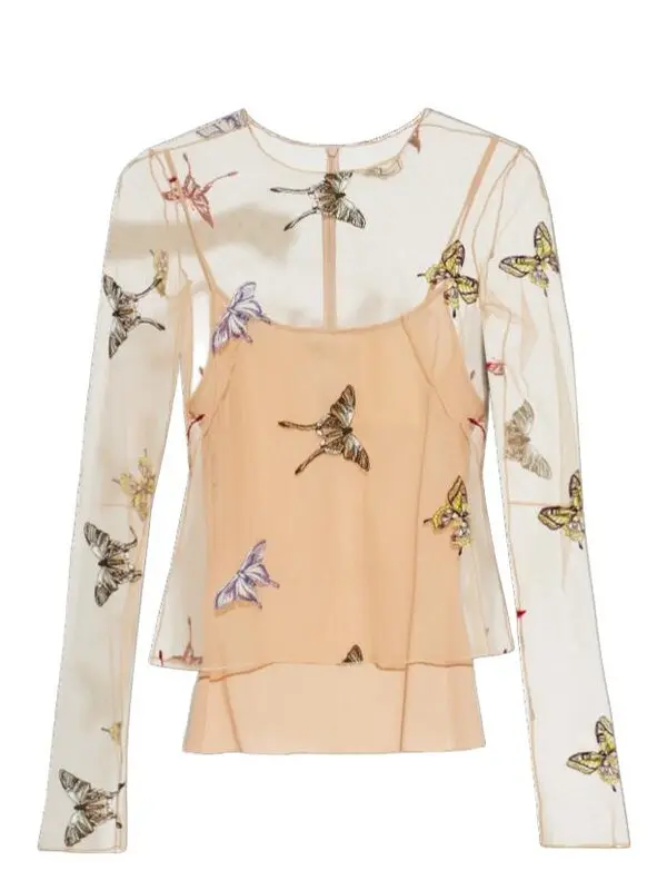 Blumarine Sheer Butterfly Embroidered Long Sleeve Top - Nude