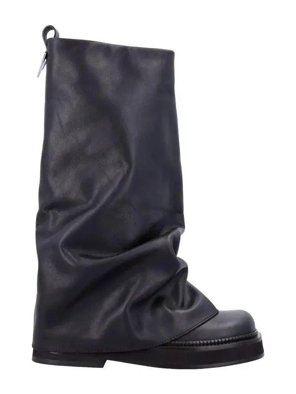 Attico The Robin Ruched Leather Combat Boots - Black