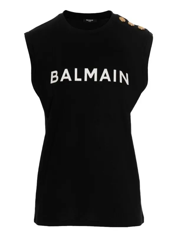 Balmain Sleeveless Logo T-shirt With Button Shoulder Detail - Black