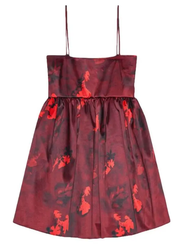 GANNI Floral Printed Satin Strap Mini Dress - Red