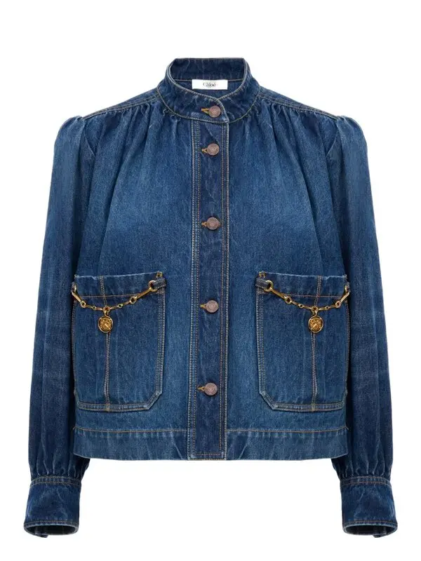 Chloé High-neck Gathered Denim Jacket - Blue
