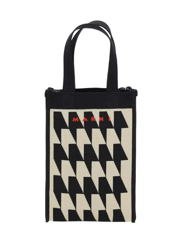 Marni Nano Shopping Bag In Houndstooth Jacquard - Black