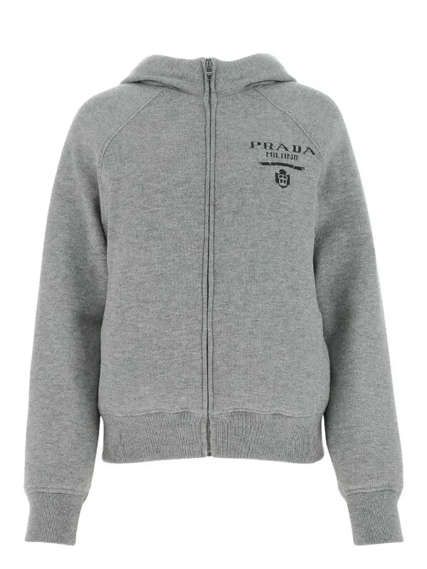 Prada Zip-up Hoodie With Embroidered Logo - Grey