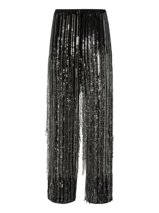 Pinko Sequin Embellished Fringed Wide-leg Trousers - Black