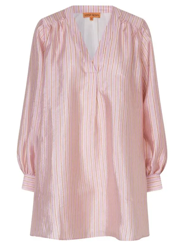 Stine Goya Striped V-neck Puff Sleeve Dress - Rose Pinstripe
