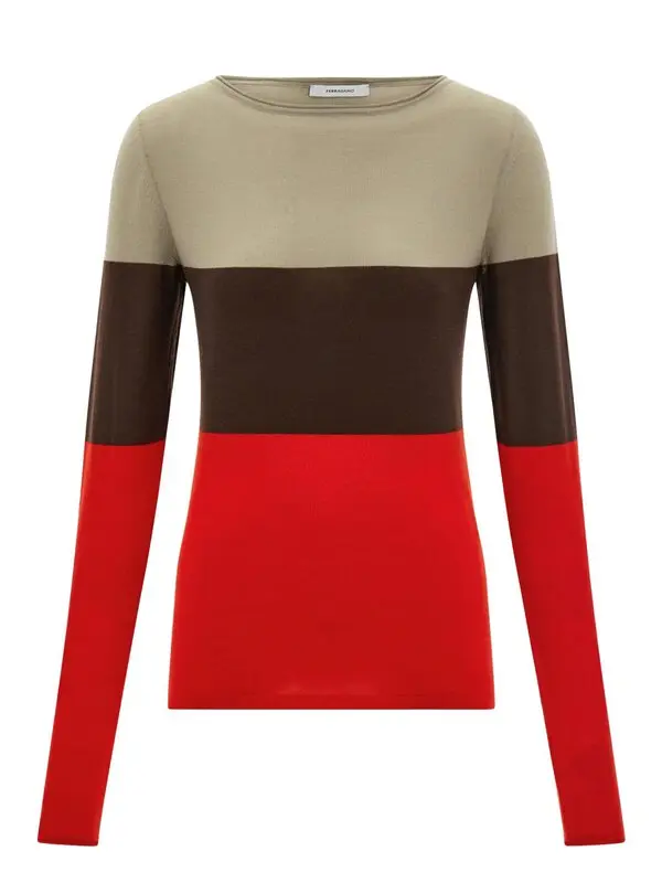FERRAGAMO Color Block Long Sleeve Top - Red/burnt Espresso
