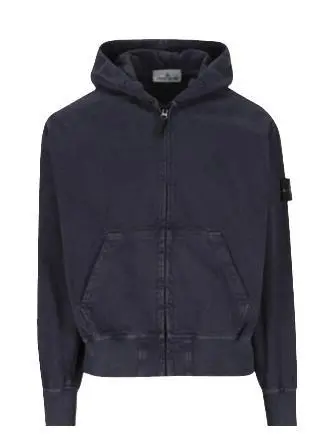 Stone Island Oversized Fit Hooded Zip-up Sweatshirt - Black