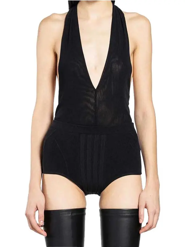 Attico The V-neck Stretch Tulle Bodysuit - Black