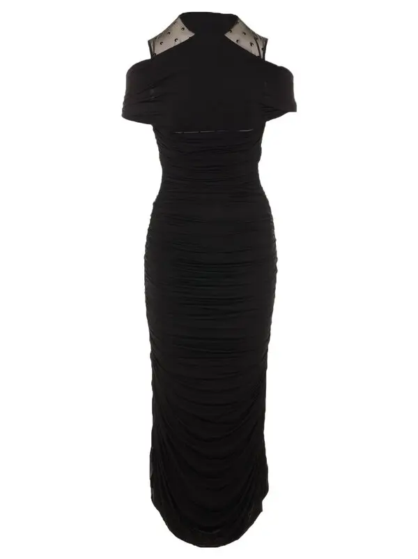 MARINE SERRE Moon-print Mesh Panel Off-the-shoulder Maxi Dress - Black