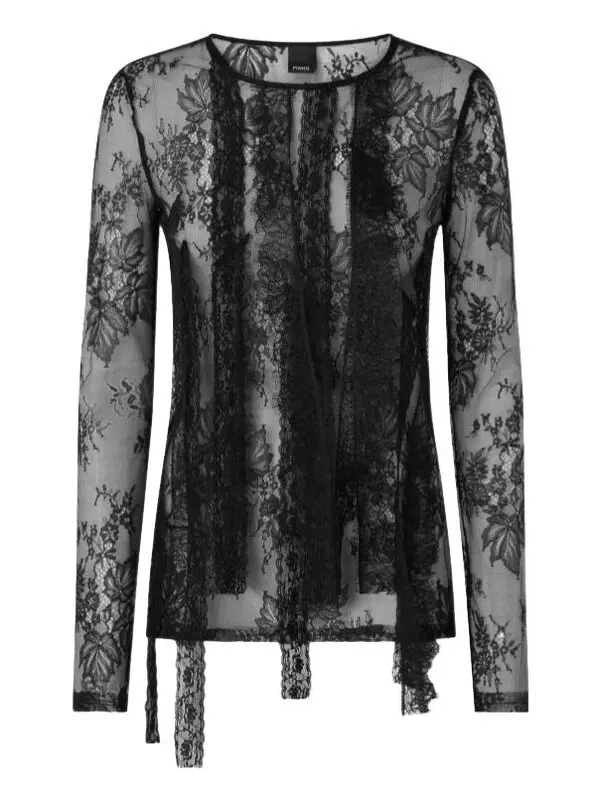 Pinko Floral Lace Long Sleeve Top With Fringing - Black