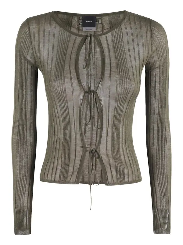 Pinko Ribbed Front Tie Knit Top - Verde Militare