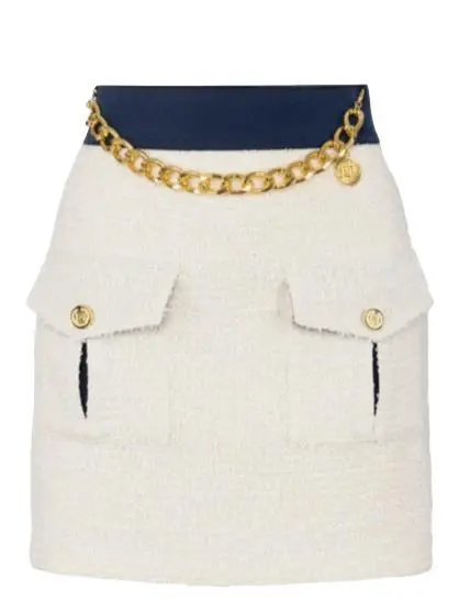 Elisabetta Franchi Tweed Mini Skirt With Chain Detail - Butter/navy Blue