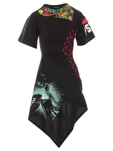 MARINE SERRE Asymmetrical Printed Short-sleeved Dress - Black