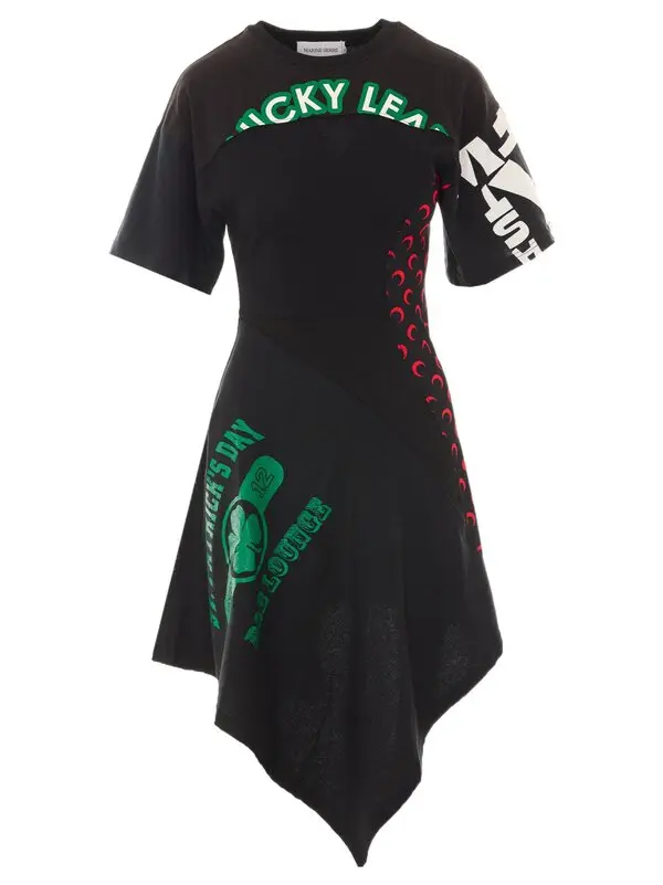 MARINE SERRE Asymmetrical Graphic T-shirt Dress - Black