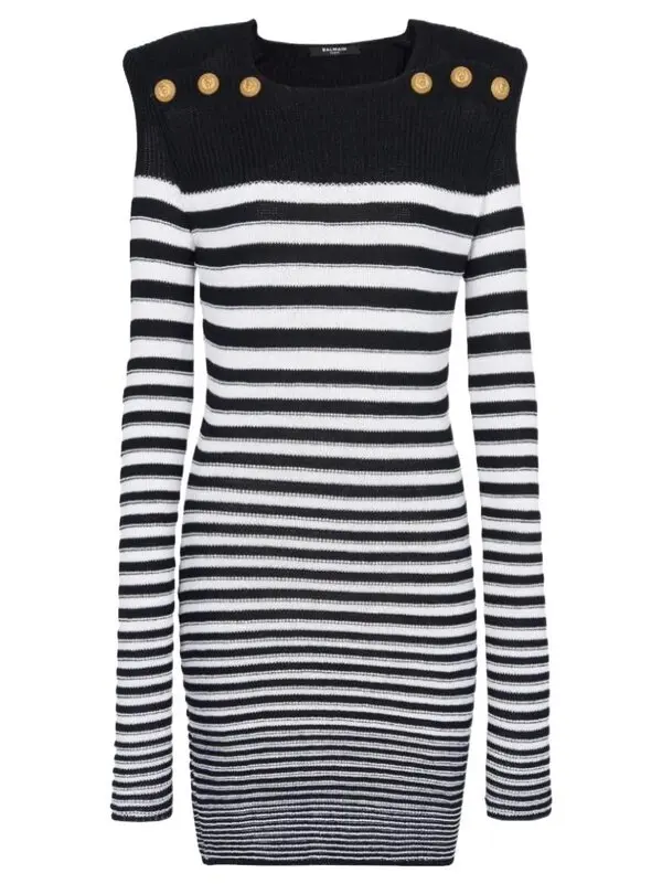 Balmain Striped Button-detailed Mini Dress - Black