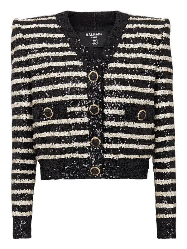 Balmain Striped Sequinned Cropped Jacket - Black