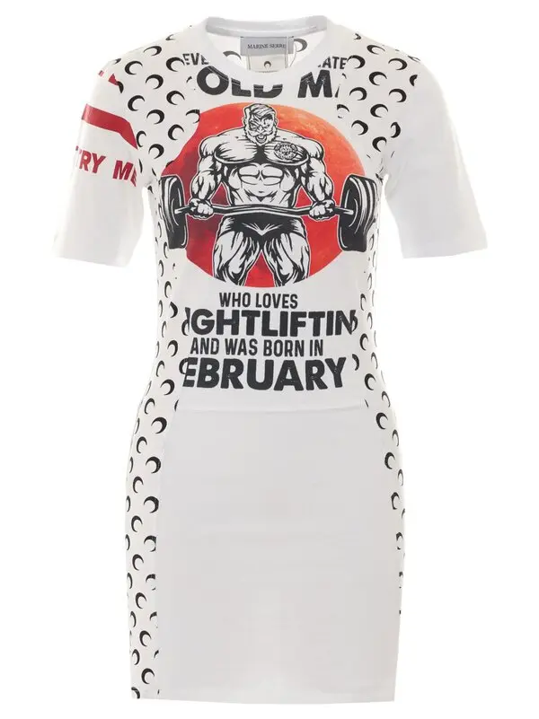 MARINE SERRE Old Man" Graphic Print Short Sleeve Dress - White