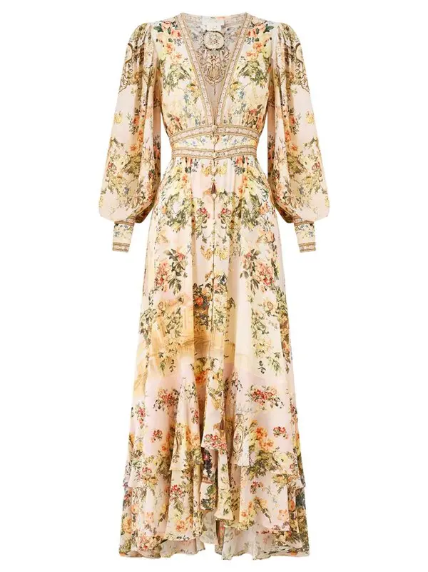 Camilla Floral Printed Long Button Front Dress - Nude