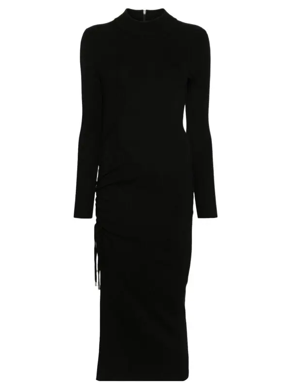 Michael Kors Stretched Ruched Dress With Long Sleeves And Side Slits - Black