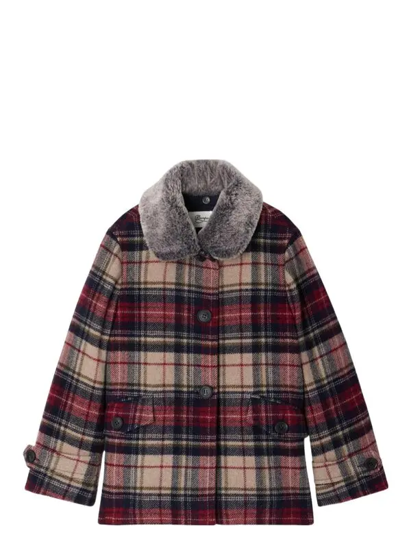 Bonpoint Gigliola Checked Tweed Coat With Removable Faux Fur Collar - Navy