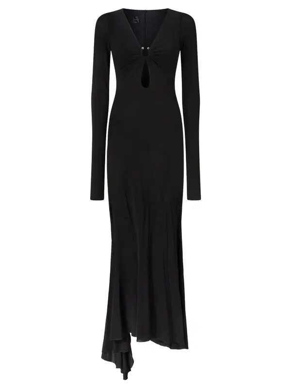 Pinko Long Sleeve Maxi Dress With Hollow Front And Asymmetrical Hem - Black