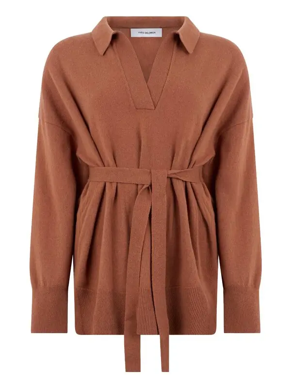 YVES SALOMON Belted Polo Knitted Sweater - Brown