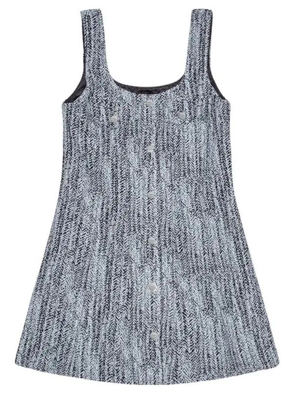 GANNI Tweed Mini Dress With Square Neckline And Button Front - Sky-blue