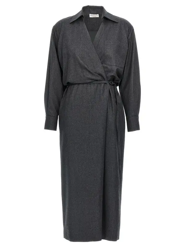 Brunello Cucinelli Long-sleeve Wrap Detailed Midi Dress - Black