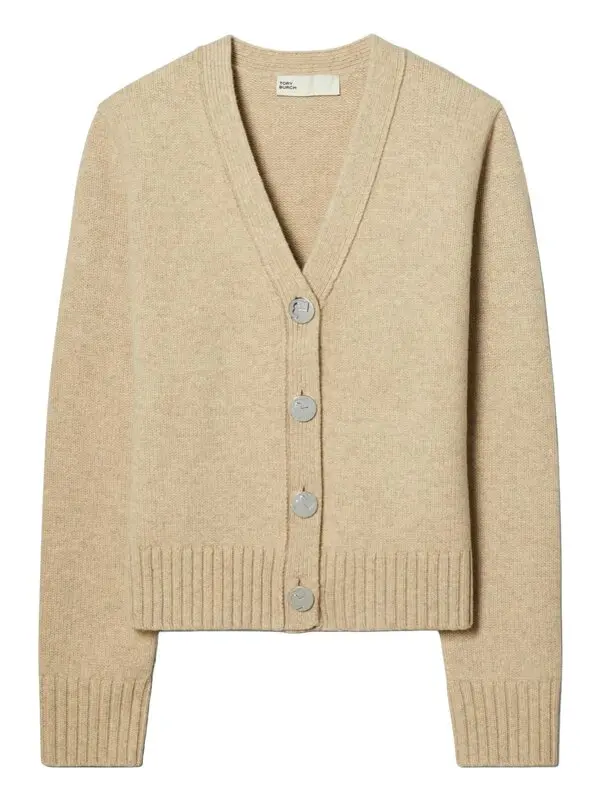 Tory Burch V-neck Buttoned Knitted Cardigan With Logo Detail - Oatmeal Melange