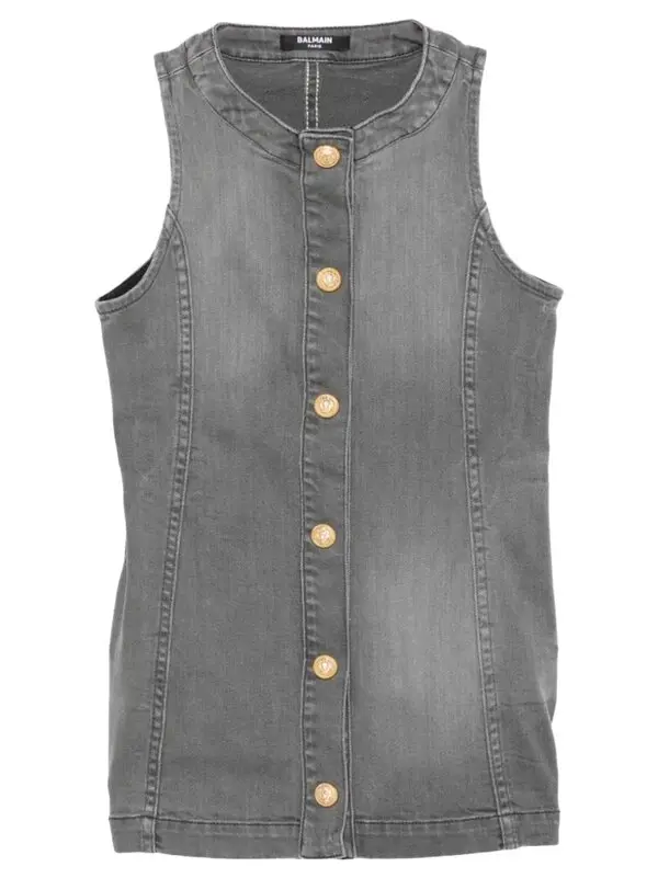 Balmain Sleeveless Button Detailed Quilted Denim Dress - Gray