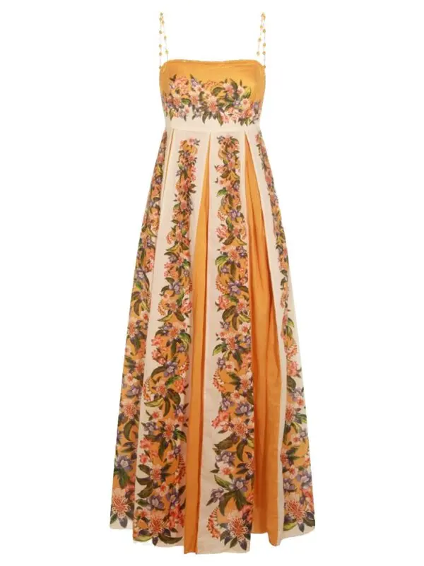 Farm Rio Hilo Stripes Maxi Dress With Embroidered Piping And Pearl Straps - Yellow