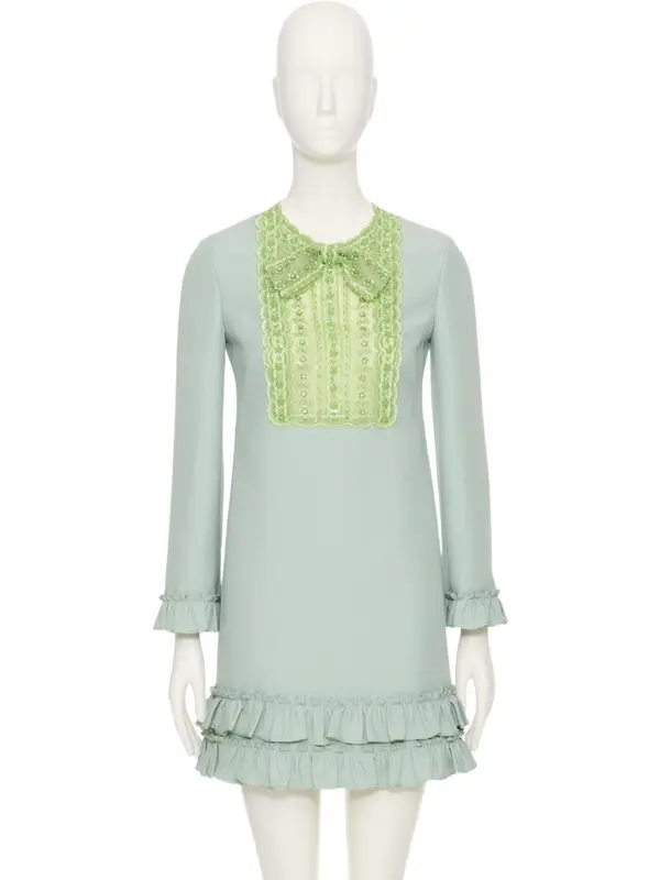 Valentino Garavani Embroidered Ruffled Long-sleeved Dress - Green