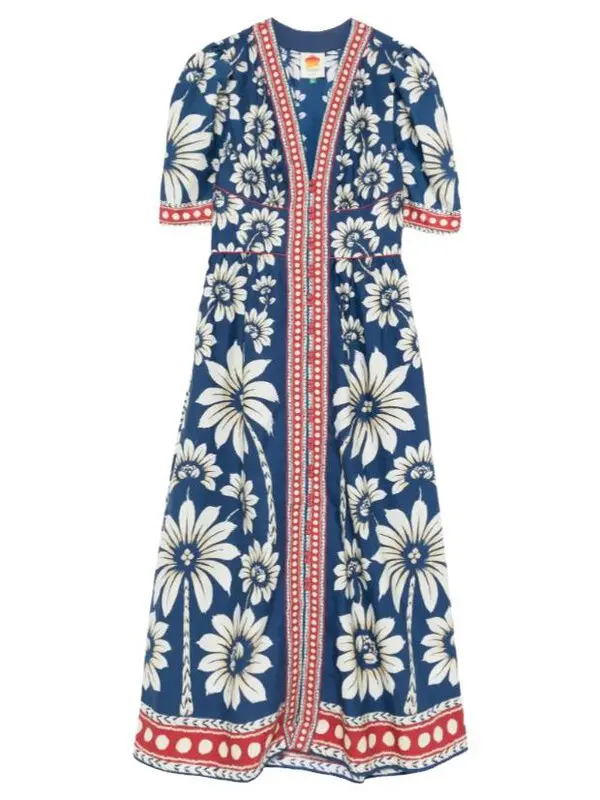 Farm Rio Floral V-neck Button-front Maxi Dress - Blue