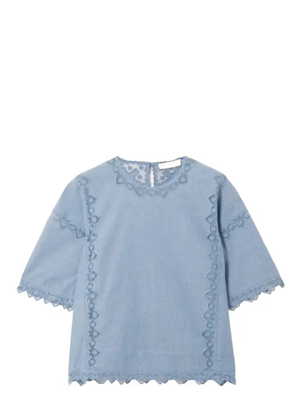 Ulla Johnson Embroidered Tulle-trimmed Cotton-chambray Blouse - Blue