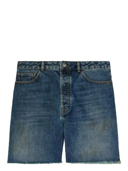 Palm Angels Logo Printed Frayed Hem Denim Shorts - Blue