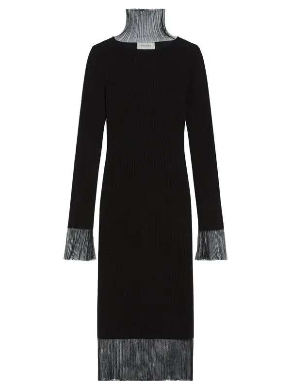 Sportmax Long Sleeve Wool Dress With Fringe Detail - Black