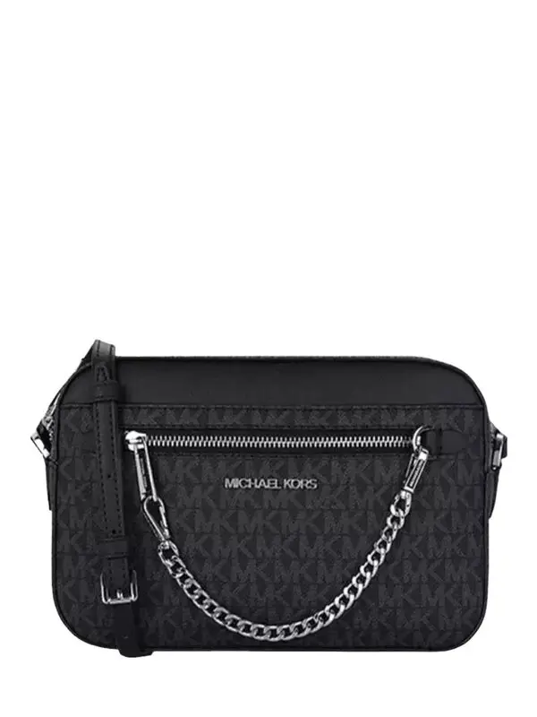 Michael Kors Monogram Zipper Shoulder Bag With Chain Detail - Black