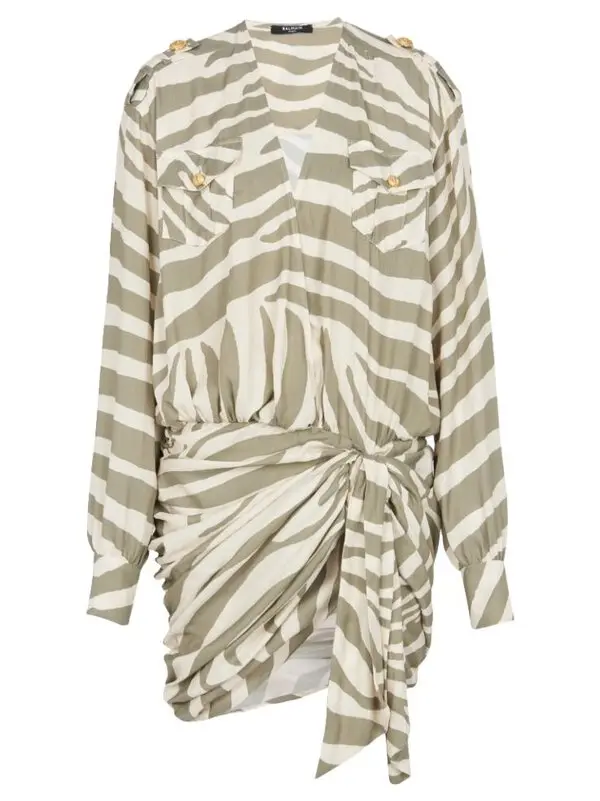 Balmain Zebra Print Draped Shirt Dress - Nude