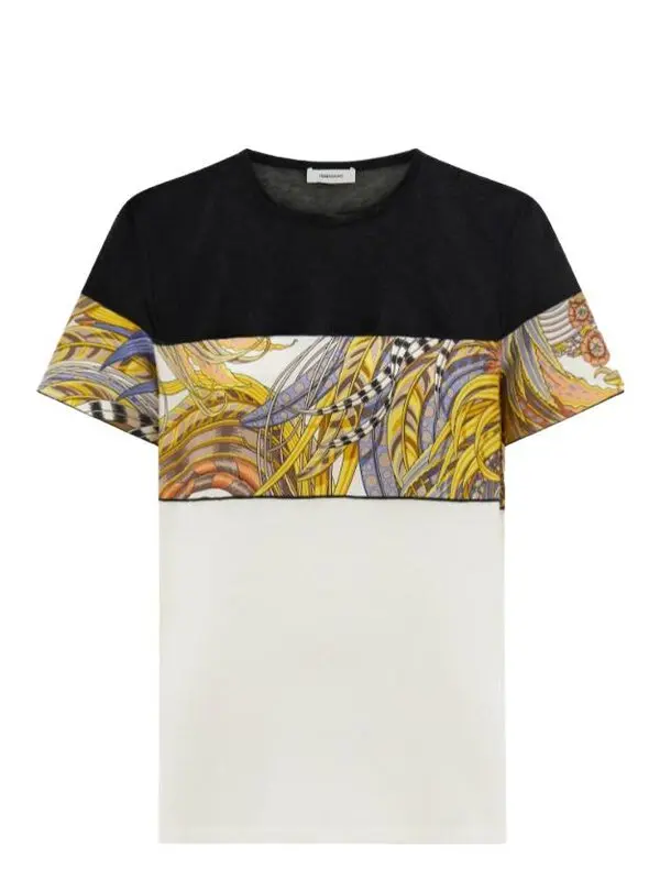 FERRAGAMO Crewneck T-shirt With Silk Inserts - White/blue