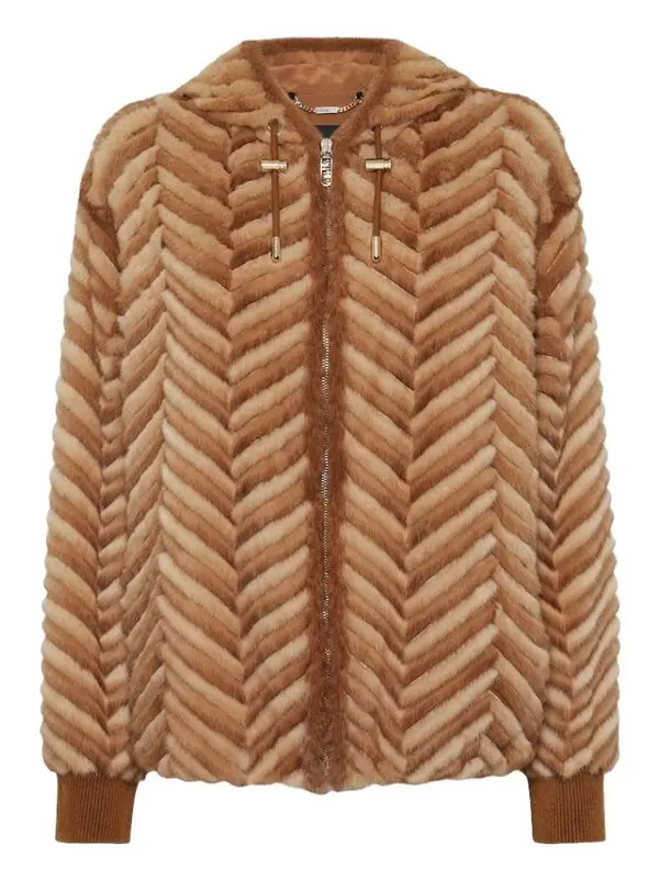 Fendi Mink Jacket With Rope Hood And V-shaped Pattern - Brown