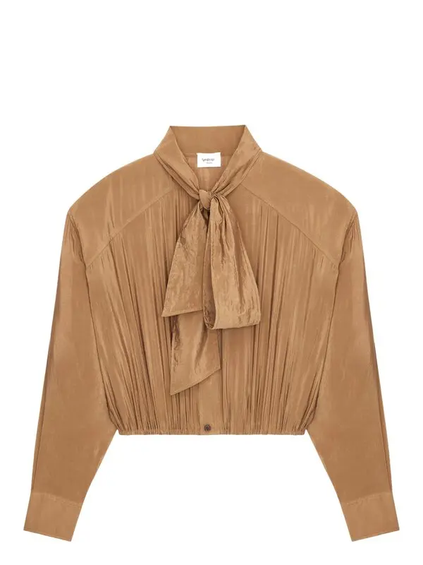 Saint Laurent Cropped Lavalliere Blouse With Fringed Collar - Caramel