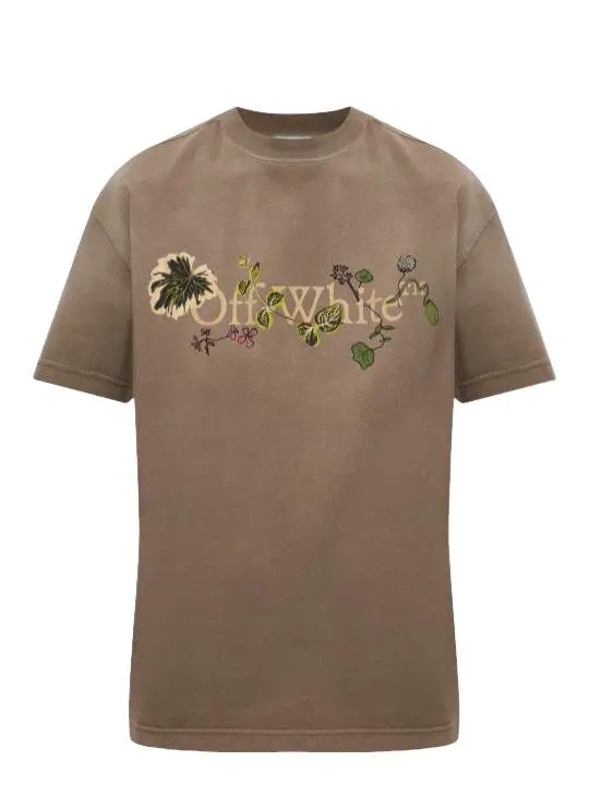 Off-White Floral Print Logo Crewneck T-shirt - Brown