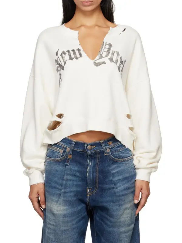 R13 Distressed Logo V-neck Sweater - Off-white