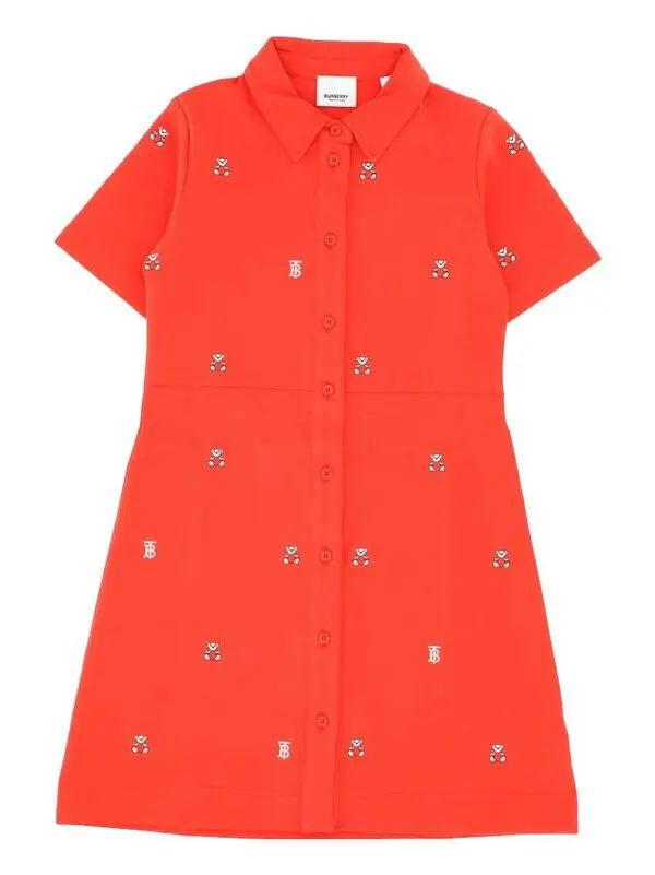 Burberry Monogram Teddy Embroidered Shirt Dress - Red